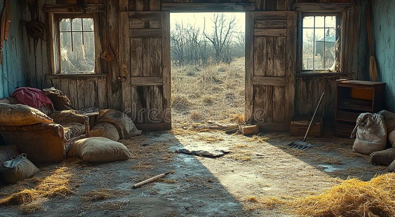 Old Abandoned Barn Interior Revealing Sunlight and Rustic Furniture in ...