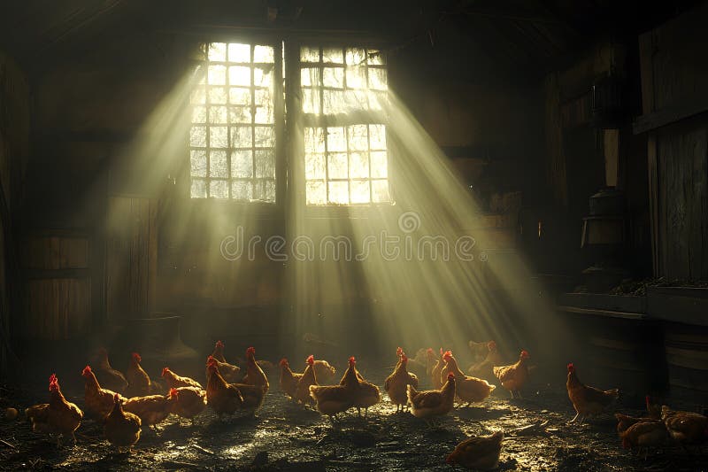Rural Farmhouse Interior with Sunlit Window and Chickens Roaming ...