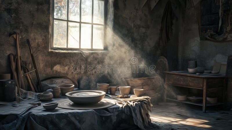 Sunlight Streams into a Rustic Pottery Studio, Illuminating Clay ...