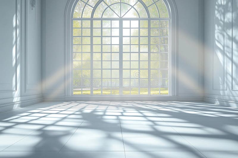 Sunlight Streams into Spacious White Room through Large Arched Window ...