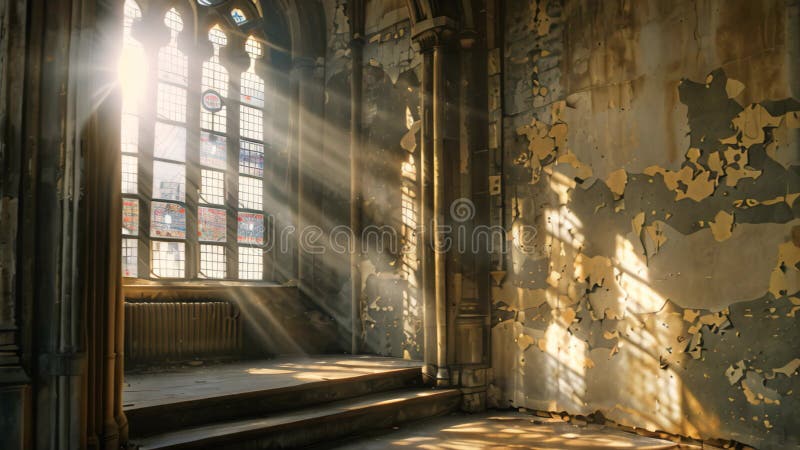 Sunlight Streams through a Stained-glass Window in a Crumbling Church ...