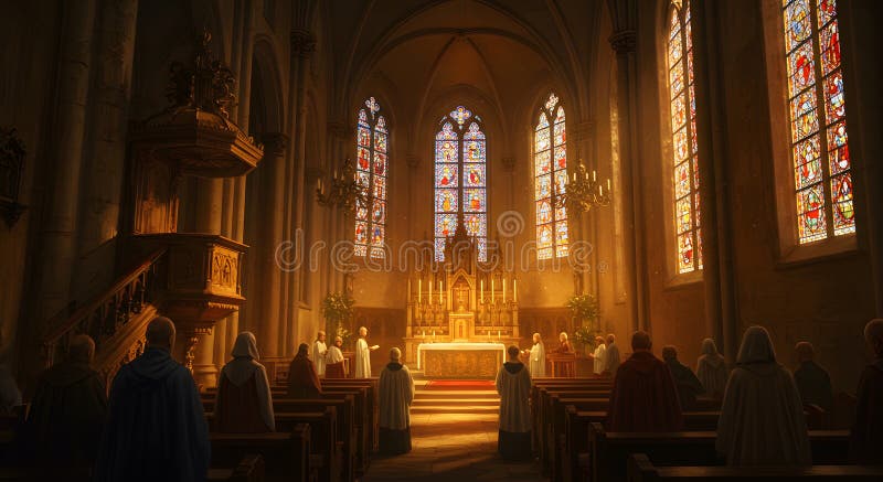 Interior of a Magnificent Cathedral at Sunrise: Stained Glass ...