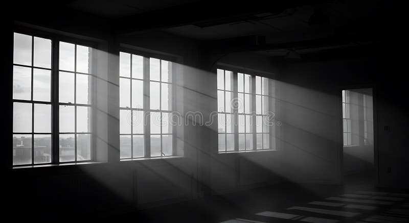 Sunlight Streams through Tall, Multi-paned Windows in a Dimly Lit Room ...