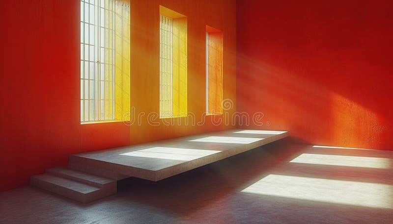 Sunlight Streams through Tall Windows Onto Red Walls and a Stark ...