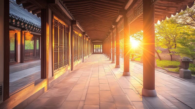 Sunlight Streams through a Tranquil Covered Walkway in Traditional ...
