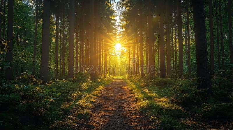 Sunlight Streams through a Tranquil Forest Path Stock Image - Image of ...