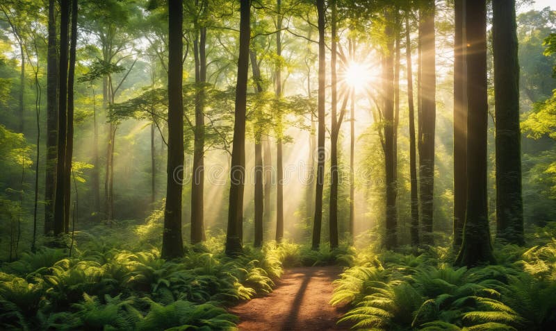 Sunlight Streams through the Trees in a Dense Forest, Illuminating the ...