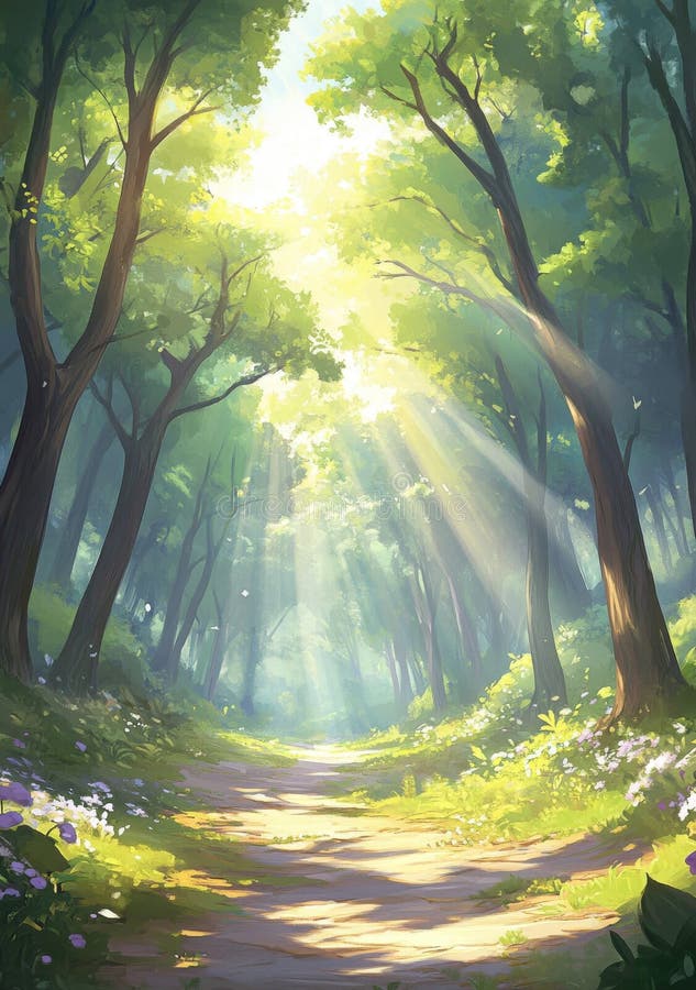 Sunlight Streams through the Trees in a Park, Illuminating a Path that ...