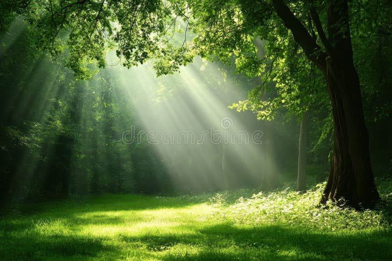 Sunlight Streams through Trees in a Tranquil Forest Clearing Surrounded ...