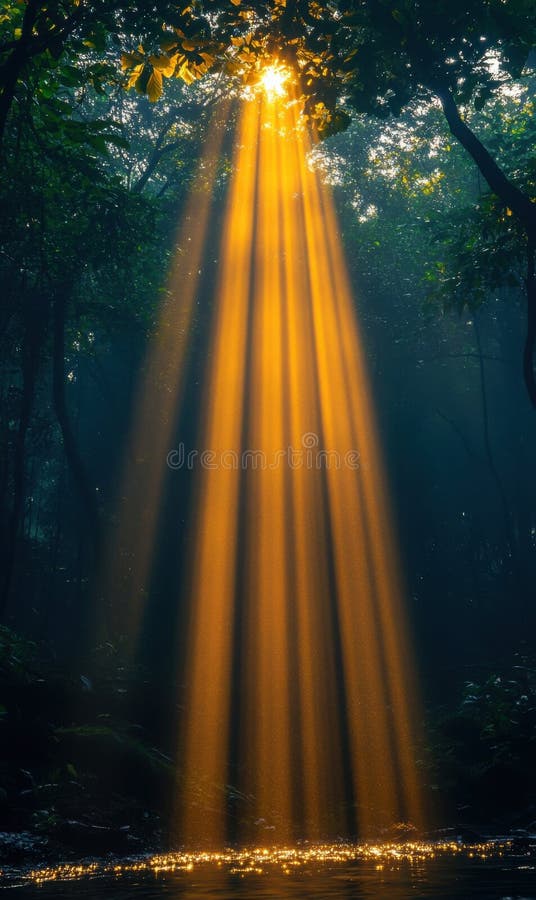 Sunlight Streams through the Trees in a Tranquil Forest Setting Stock ...