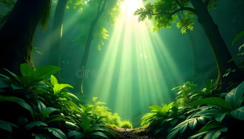 Sunlight Streams through a Vibrant Green Forest, Creating a Magical and ...