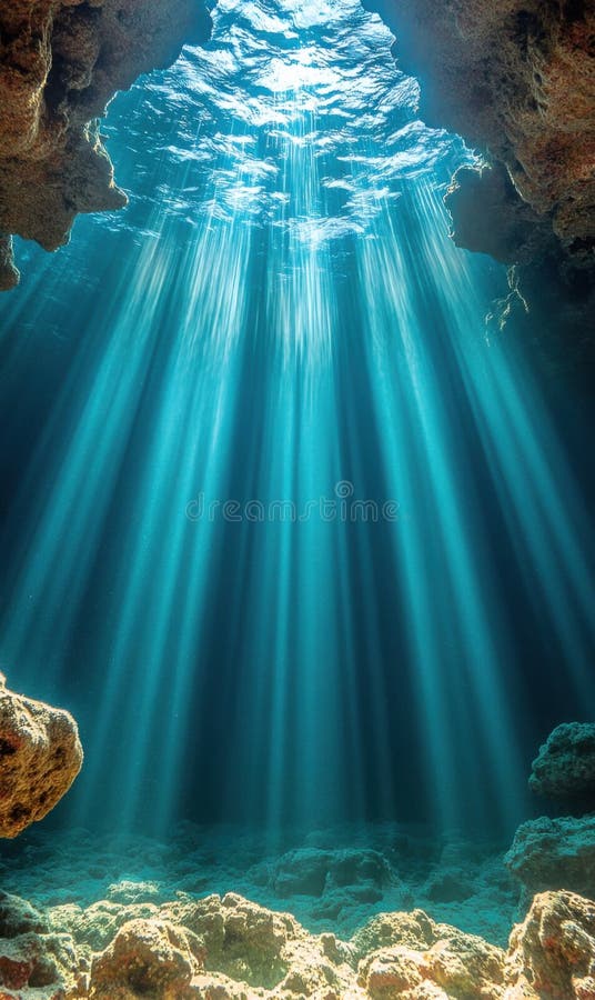 Underwater Sunlight Beams Illuminating Rocky Seafloor in Serene Ocean ...