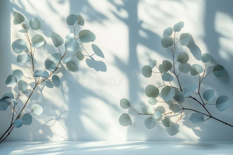 Eucalyptus Branches Casting Delicate Shadows on a Bright Wall in a Sunlit Indoor Space Stock ...