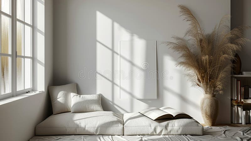 White Room with Plush Seating, Pampas Grass, and Natural Light Stock ...