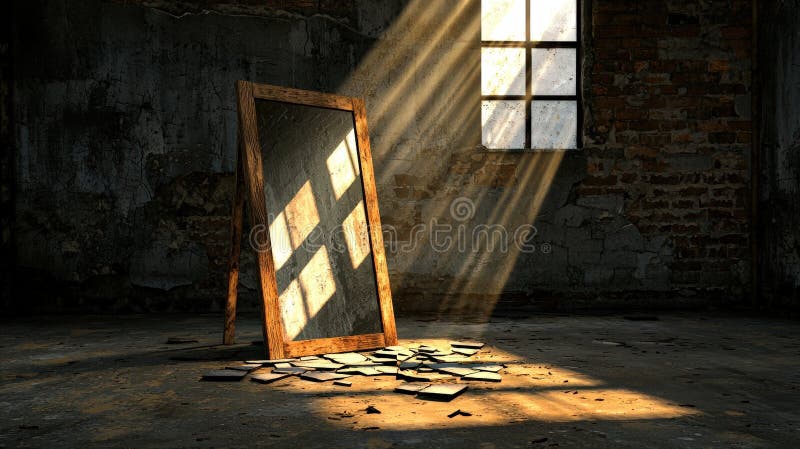 Sunlight Streams through a Window Illuminating a Broken Mirror in an ...