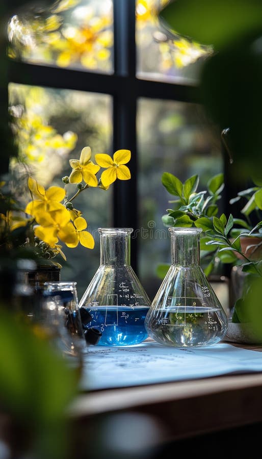 Sunlight Streams through Window Onto Tabletop Lab Setup with Beakers ...
