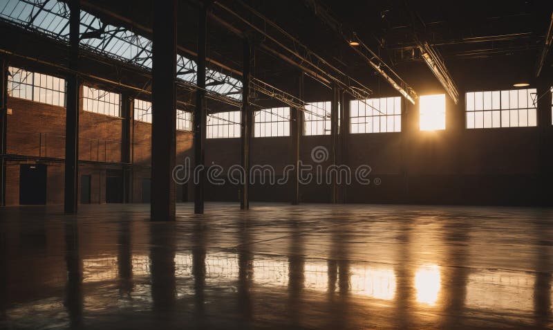 Sunlight Streams through the Windows of an Empty Industrial Warehouse ...