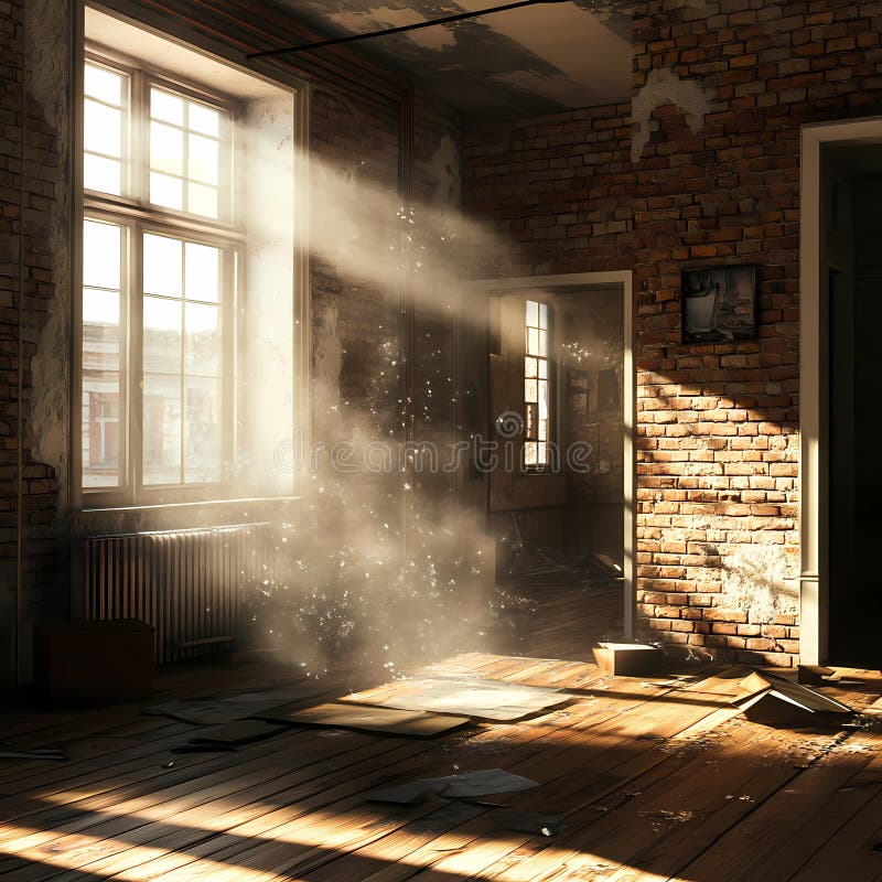 Dust Particles Float in Sunlit Room with Rustic Brick Walls and Wooden ...