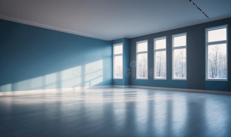 Sunlight Streams through the Windows of a Large, Empty Room with Blue ...