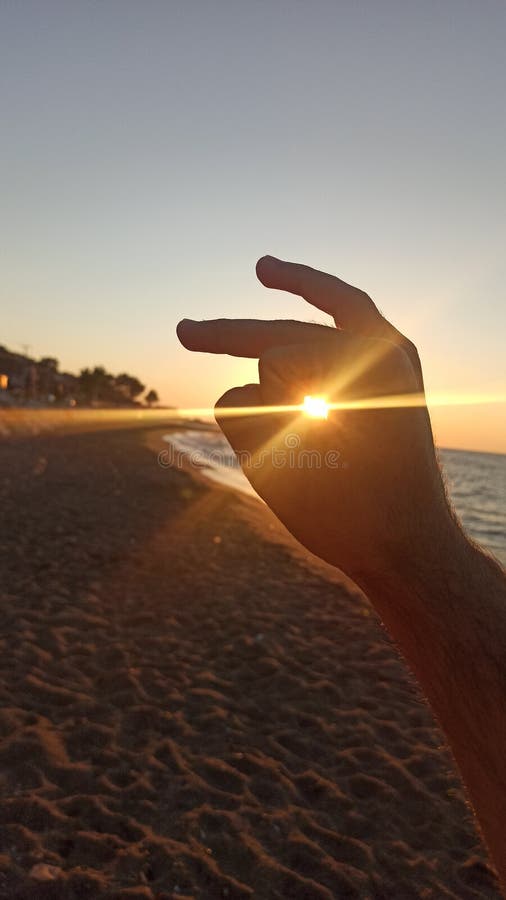 Sunlight Sunshine Sunset Sand Sea Sky Golden Hand Stock Image - Image ...