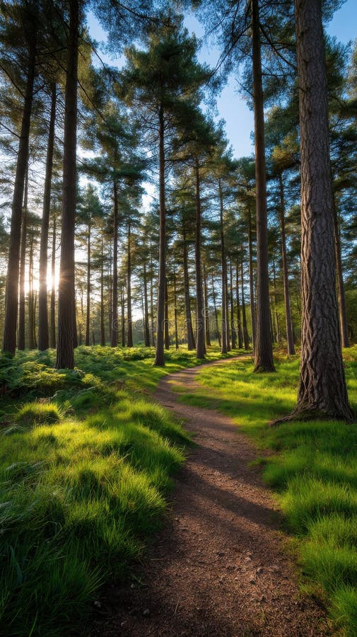 Sunlight through Tall Pine Trees Along Forest Path with Green Grass and ...
