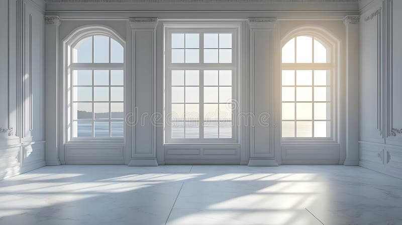 Sunlight through Three Windows in a White Room 3D Illustration Stock ...