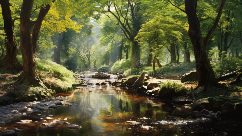 Sunlight tree by stream stock photo. Image of forest - 362051762