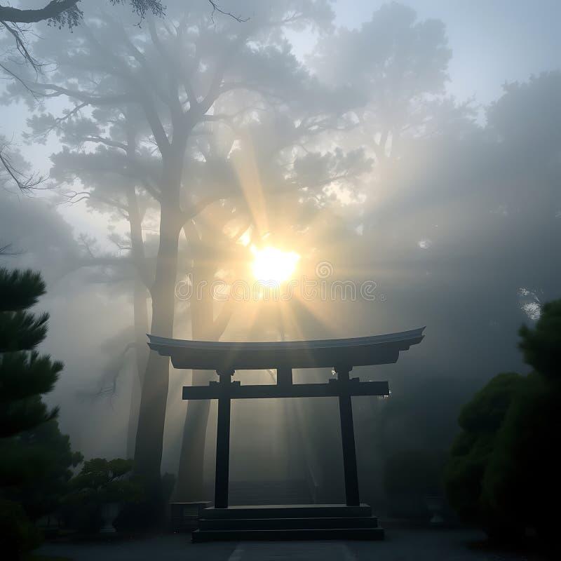 Sunlight through Trees in Japanese Shrine Stock Illustration ...