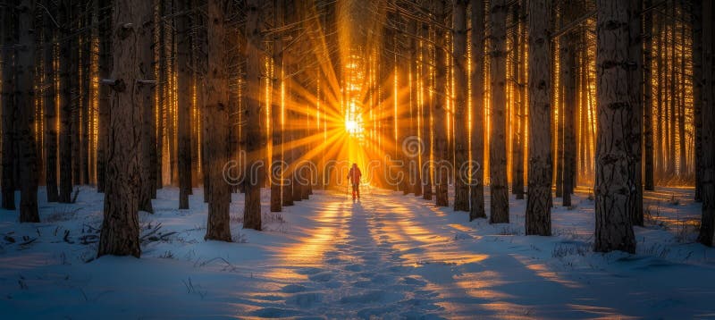 Sunlight through the Trees a Silhouetted Figure Explores a Snowy Forest ...