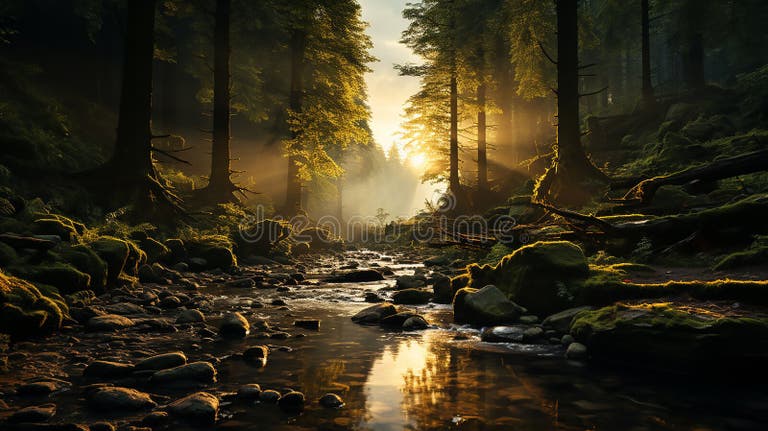 Sunlight through trees stock illustration. Illustration of peaceful ...