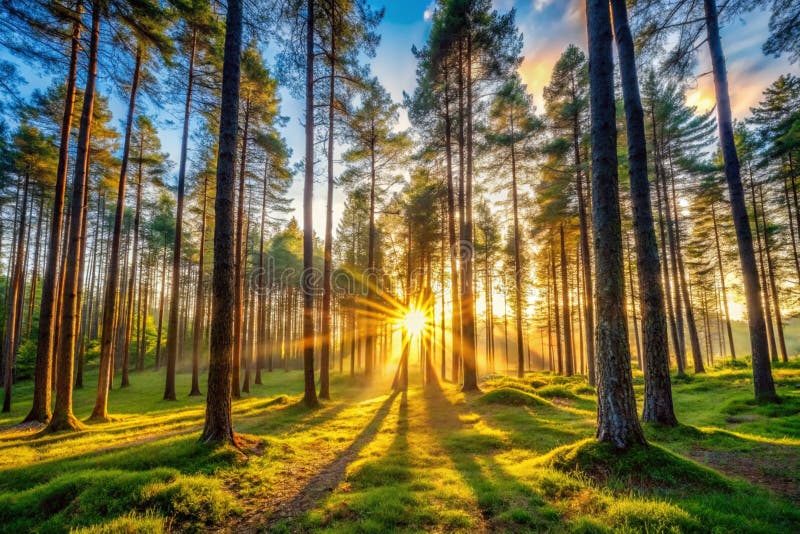 Sunlight and Trees in Twilight Hour Stock Illustration - Illustration ...