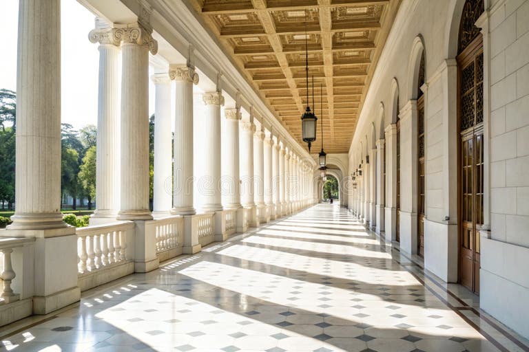 Sunlight through White Corridor Columns Stock Illustration ...