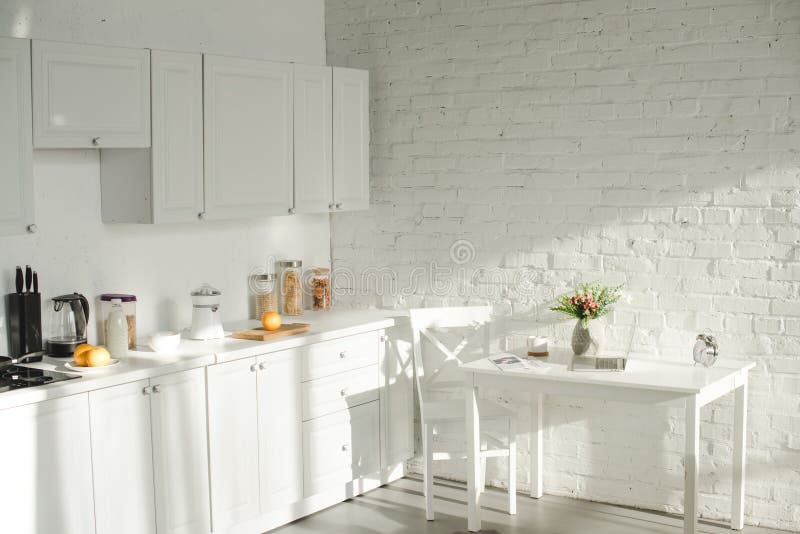 Sunlight in White Modern Kitchen with Stock Photo - Image of ...