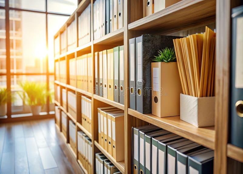 SunlightDrenched Office Efficient Filing Cabinets and Storage Solutions on Stylish Wooden ...