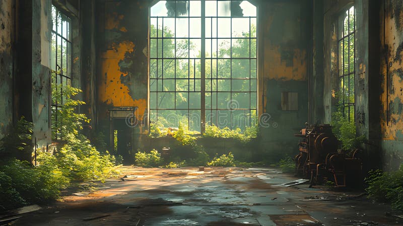 Sunlit Abandoned Factory Interior Overgrown with Plants Stock ...