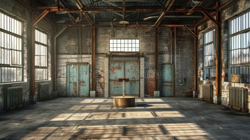 Sunlit Abandoned Industrial Warehouse with Rustic Architecture Stock ...