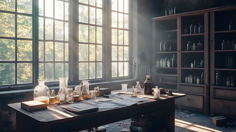 Sunlit Abandoned Laboratory with Dusty Bottles and Papers Stock Photo ...