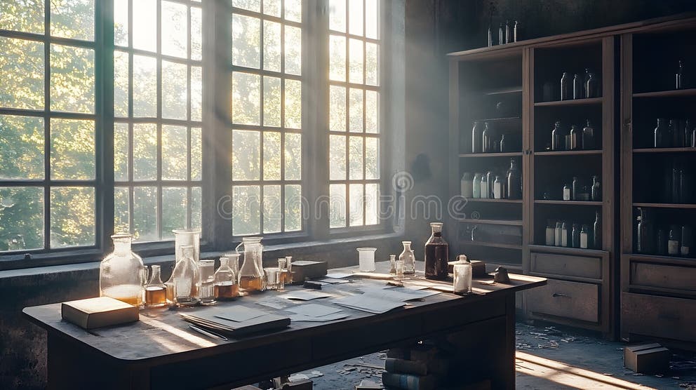 Sunlit Abandoned Laboratory with Dusty Bottles and Papers Stock Photo ...