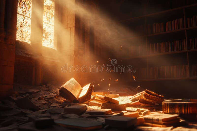 Sunlit Abandoned Library with Dusty Books and Magical Atmosphere Stock ...
