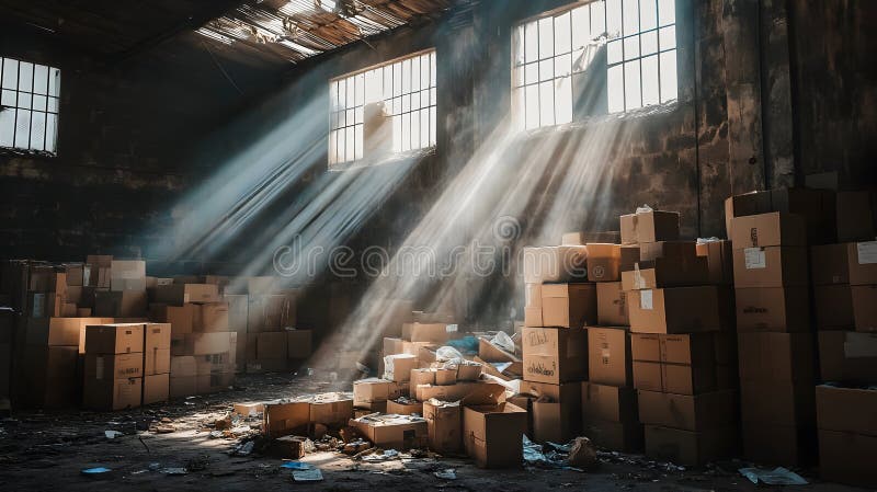 Sunlit Abandoned Warehouse with Cardboard Boxes and Dust Particles ...