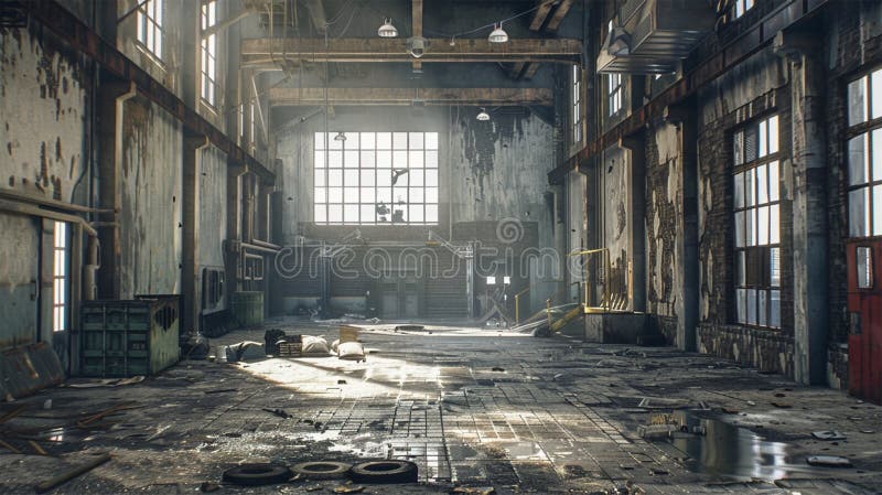 Sunlit Abandoned Warehouse Interior Stock Illustration - Illustration ...