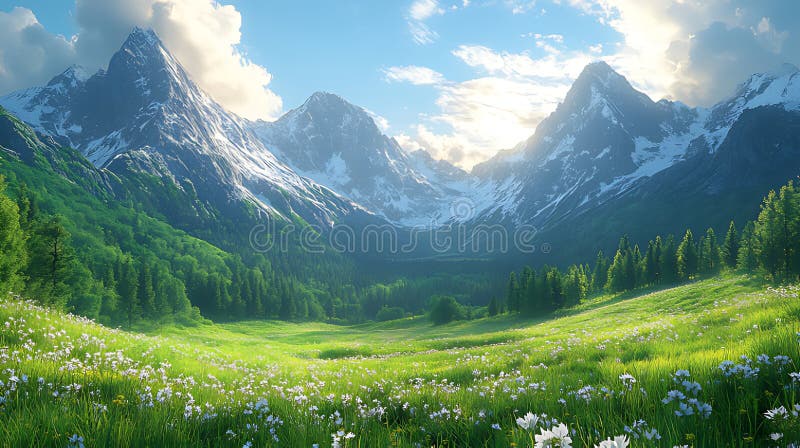 Sunlit Alpine Meadow, Mountain Range Backdrop, Scenic Travel Poster ...