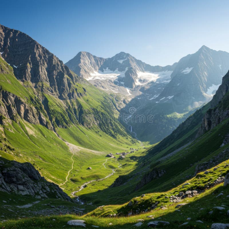 Sunlit Alpine Valley Mountain Landscape Stock Illustration ...