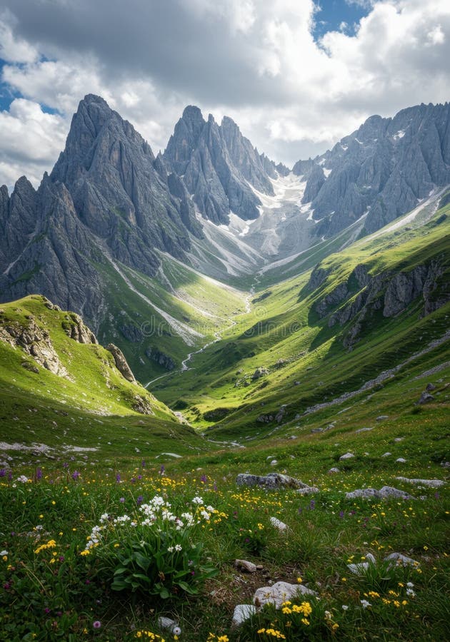 Sunlit Alpine Valley Wildflower Meadow Stock Illustration ...