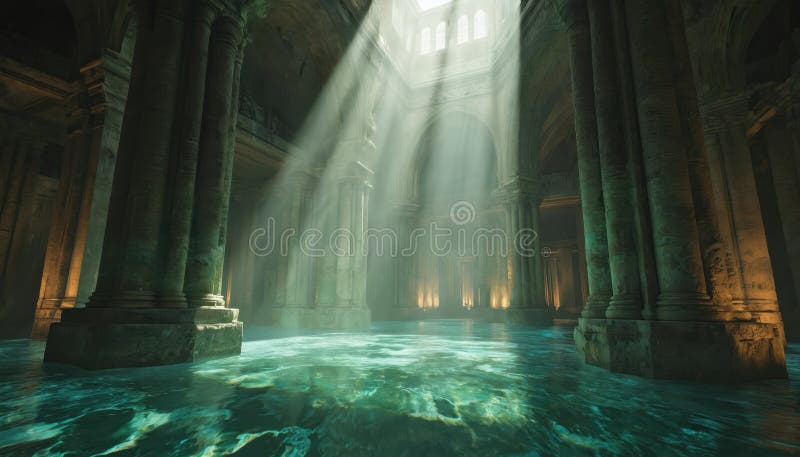 Sunlit Ancient Gothic Crypt Interior with Columns and Arches. Flooded ...
