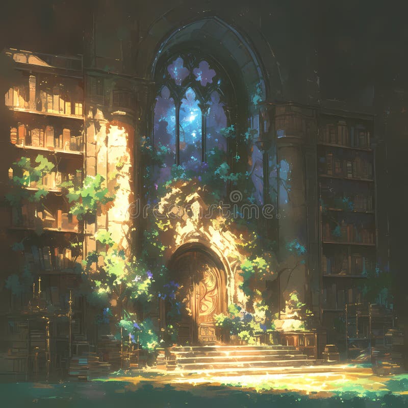 Sunlit Ancient Library â€“ Explore Its Mysteries Stock Illustration ...