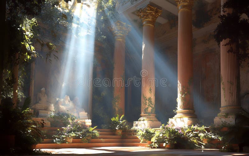 Sunlit Ancient Roman Atrium with Marble Columns and Lush Greenery Stock ...