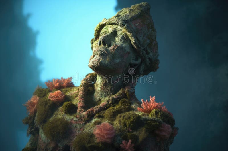 Sunlit Ancient Statue Covered in Coral and Algae Stock Illustration ...