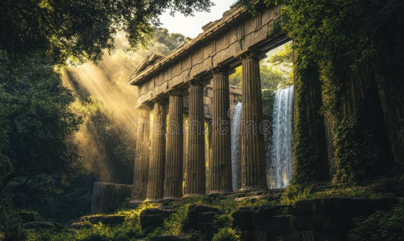Ancient Temple Ruins with Waterfall and Sunlight Stock Image - Image of ...