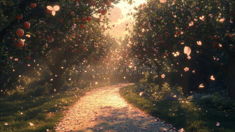 Sunlit Apple Orchard Path with Falling Blossoms Stock Illustration ...